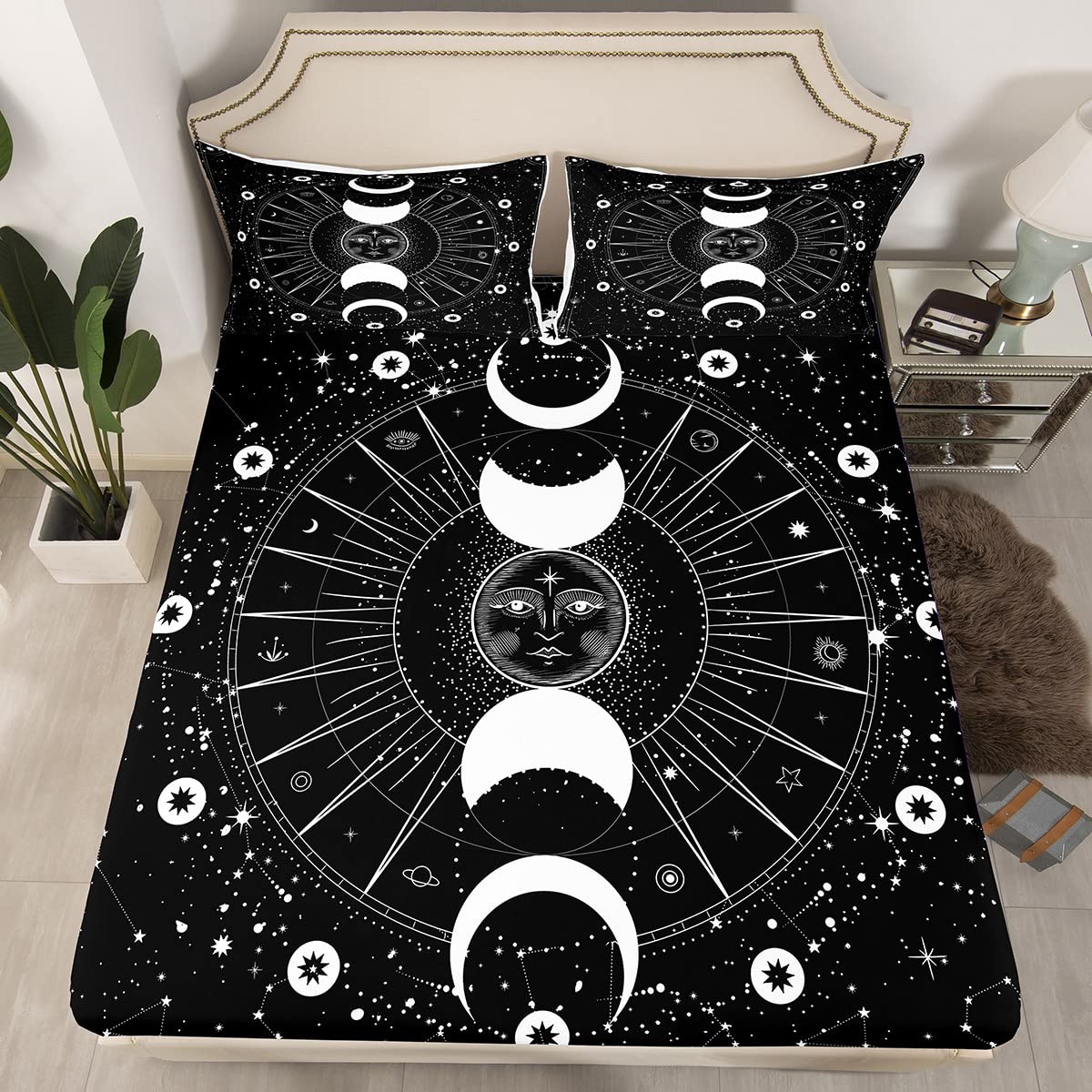 Amazon.com: Sun Moon Bed Sheets Queen,Stars Space Psychedelic Fitted ...