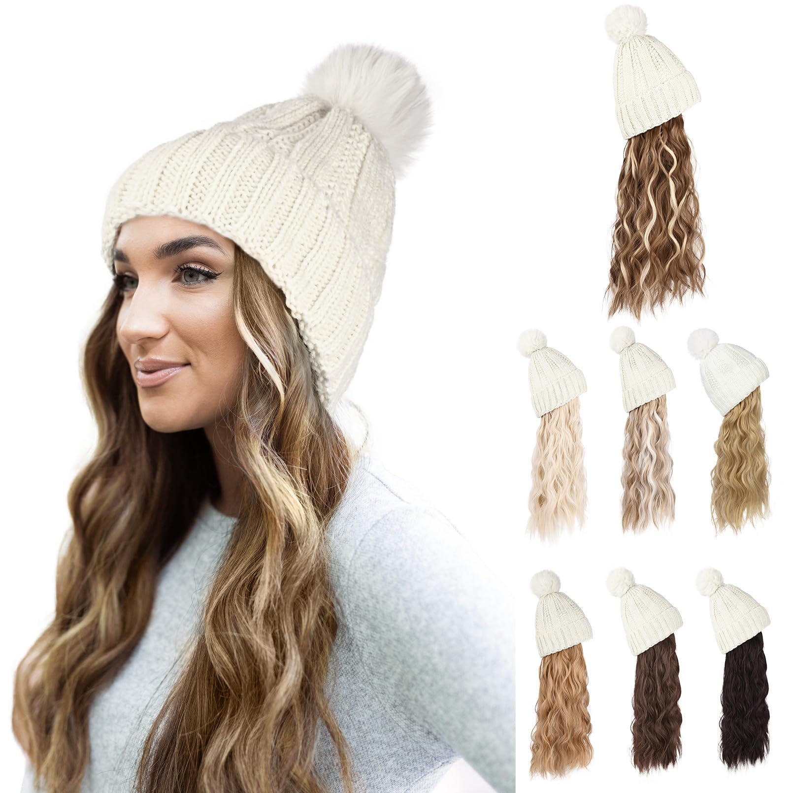 Amazon.com : Flufymooz Beanie Wig, Hat Hair Extension Long Wavy Curly ...