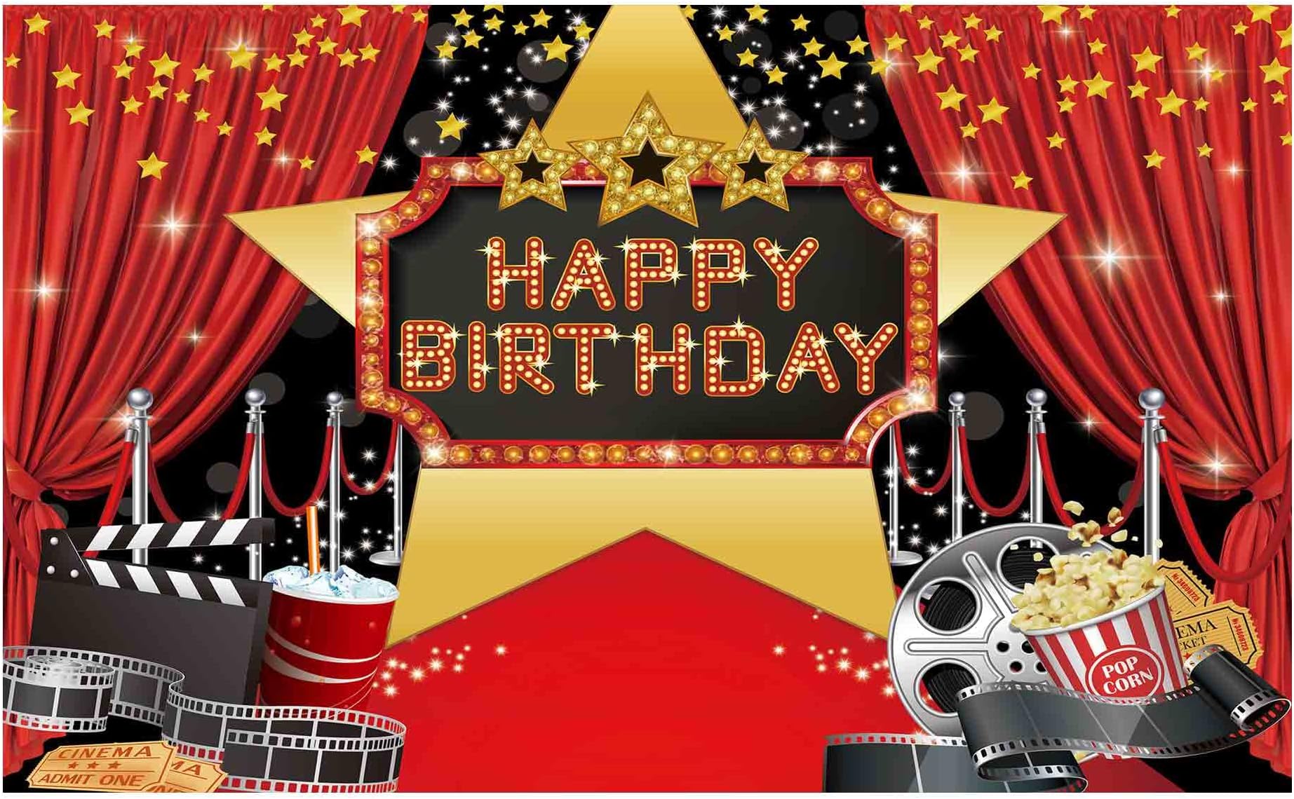 Amazon.com : Funnytree Movie Night Happy Birthday Backdrop Red Carpet ...