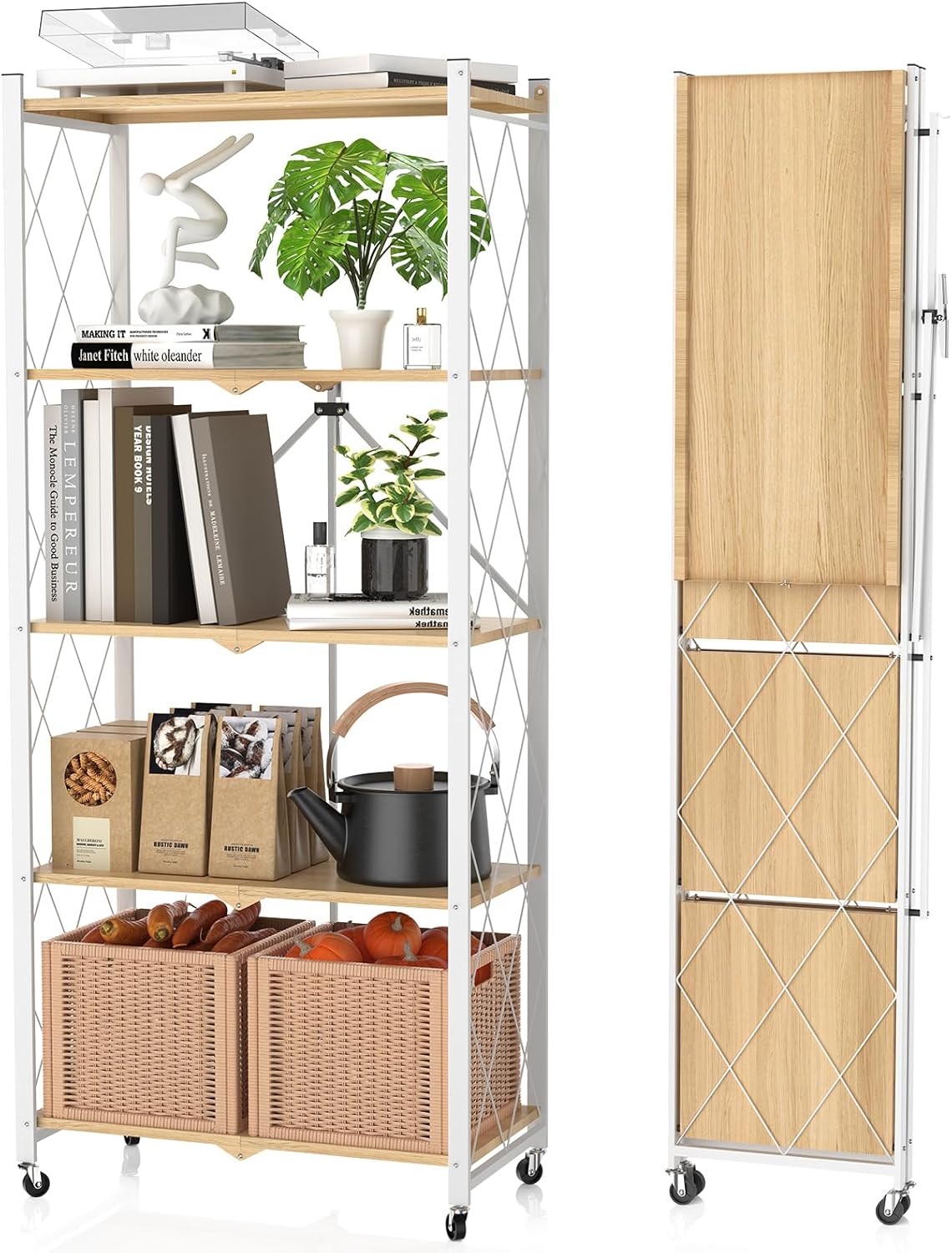5 Tier Foldable Storage Shelf with Wheels,Folding Shelving Loads 500 ...