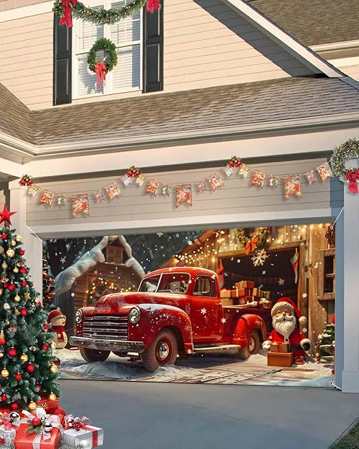 Amazon.com: Christmas Red Truck Garage Door Cover 7x16 FT Garage Door ...