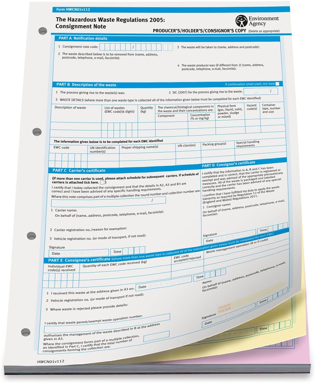 A4 Hazardous Waste Transfer Note, 3 Part NCR pad, 50 Sets per pad ...