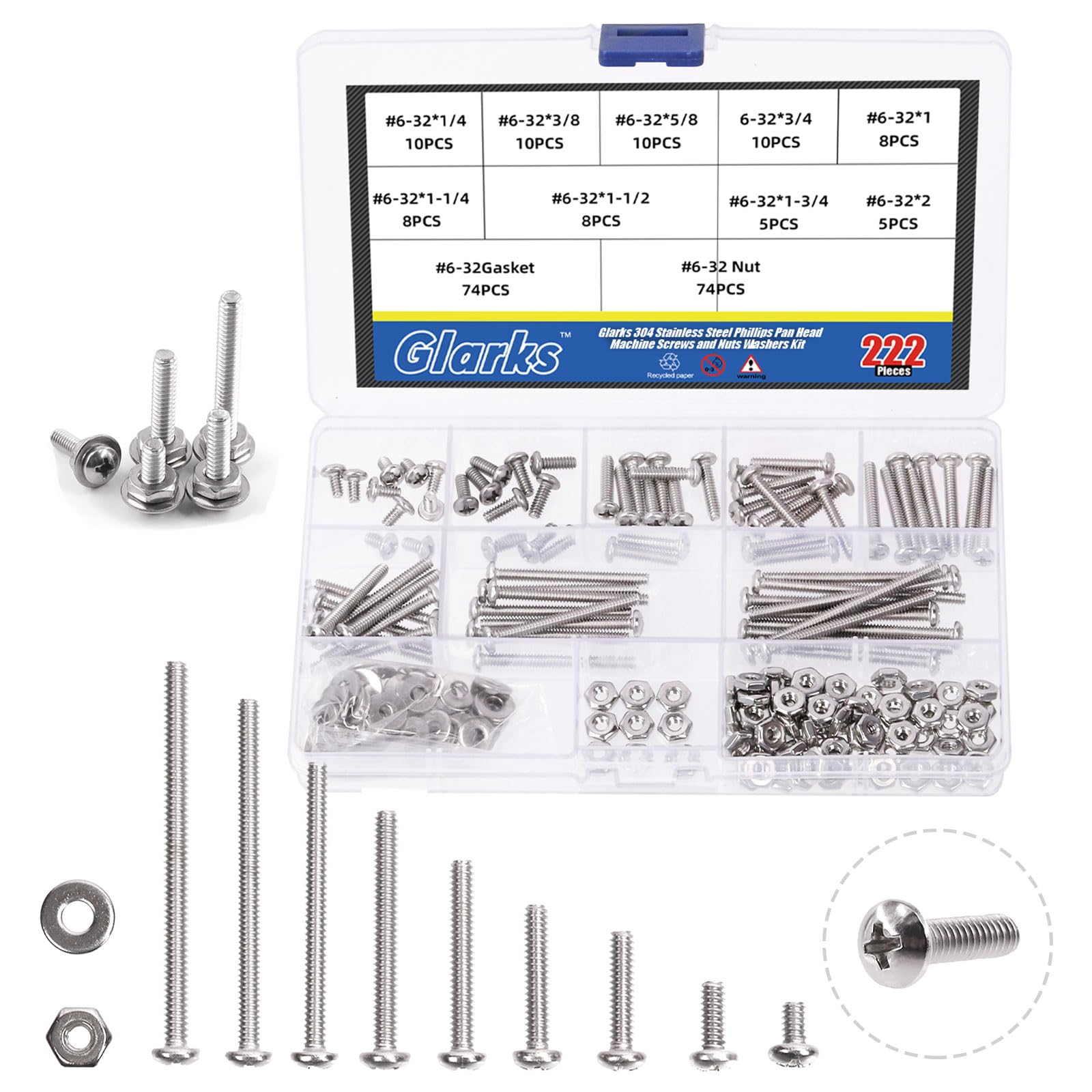 Glarks 222Pcs Machine Screw Assortment Kit #6-32 Stainless Steel ...