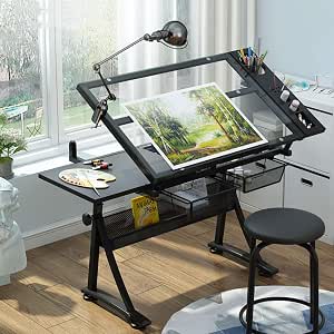 Amazon.co.jp: Glass Top Drafting Table, Height Adjustable Drawing Desk ...