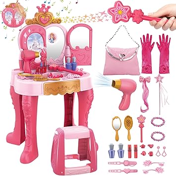 Amazon.com: deAO Toddler Vanity Makeup Table Toy with Mirror & Chair ...