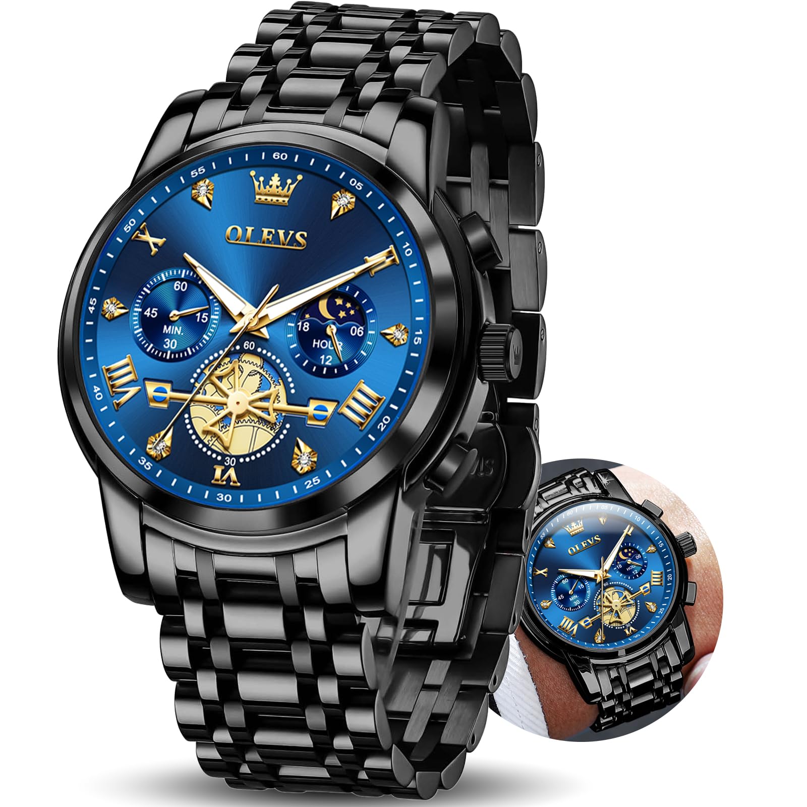 Amazon.com: OLEVS Watch Men Men's Watch Black and Blue,Blue Face for ...