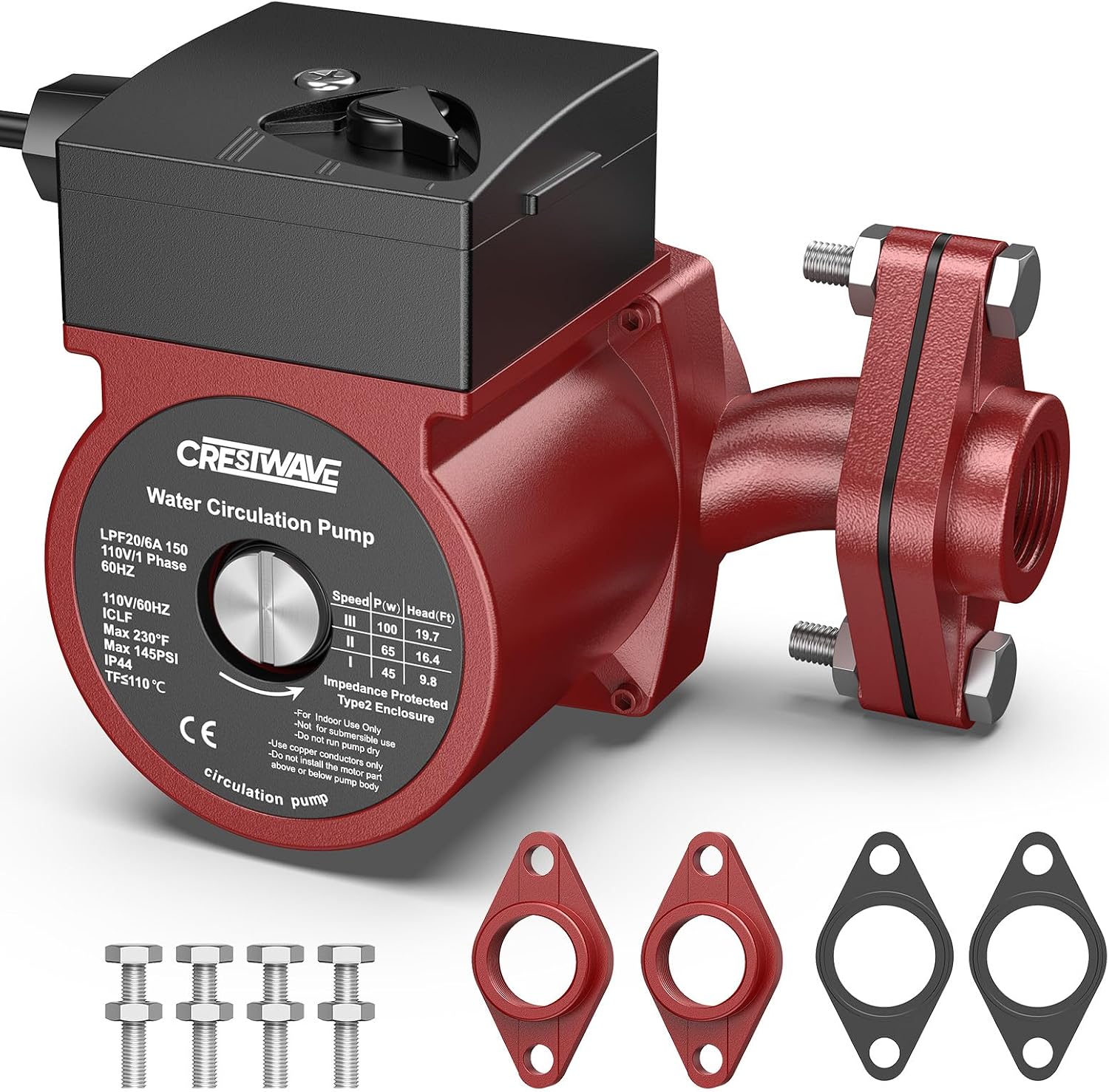 CrestWave 110V Circulation Pump, 3-Speed Adjustable 13 GPM Hot Water ...