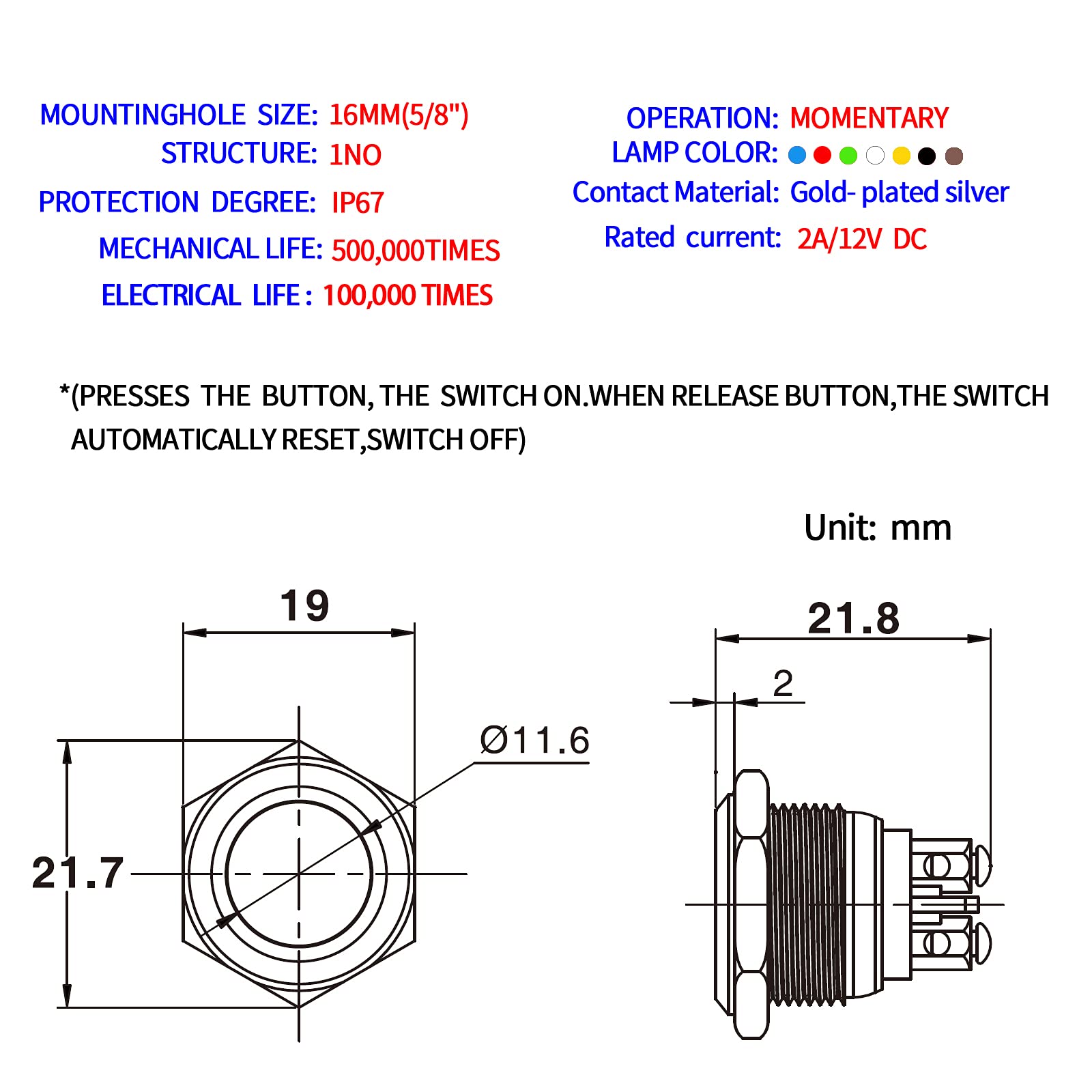 Snapklik.com : 16mm 5/8in Momentary Push Button Switch UL Certification ...