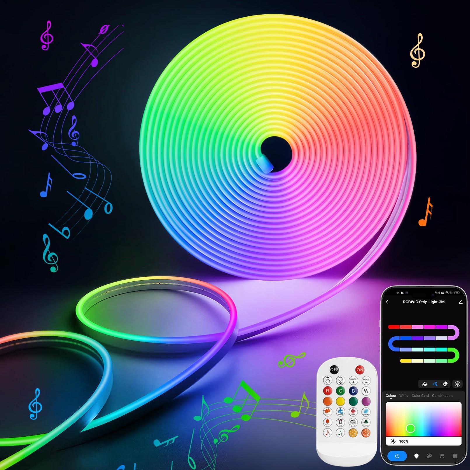 Lamomo LED Strip Light - RGBICW Neon Rope Lights with Remote App ...