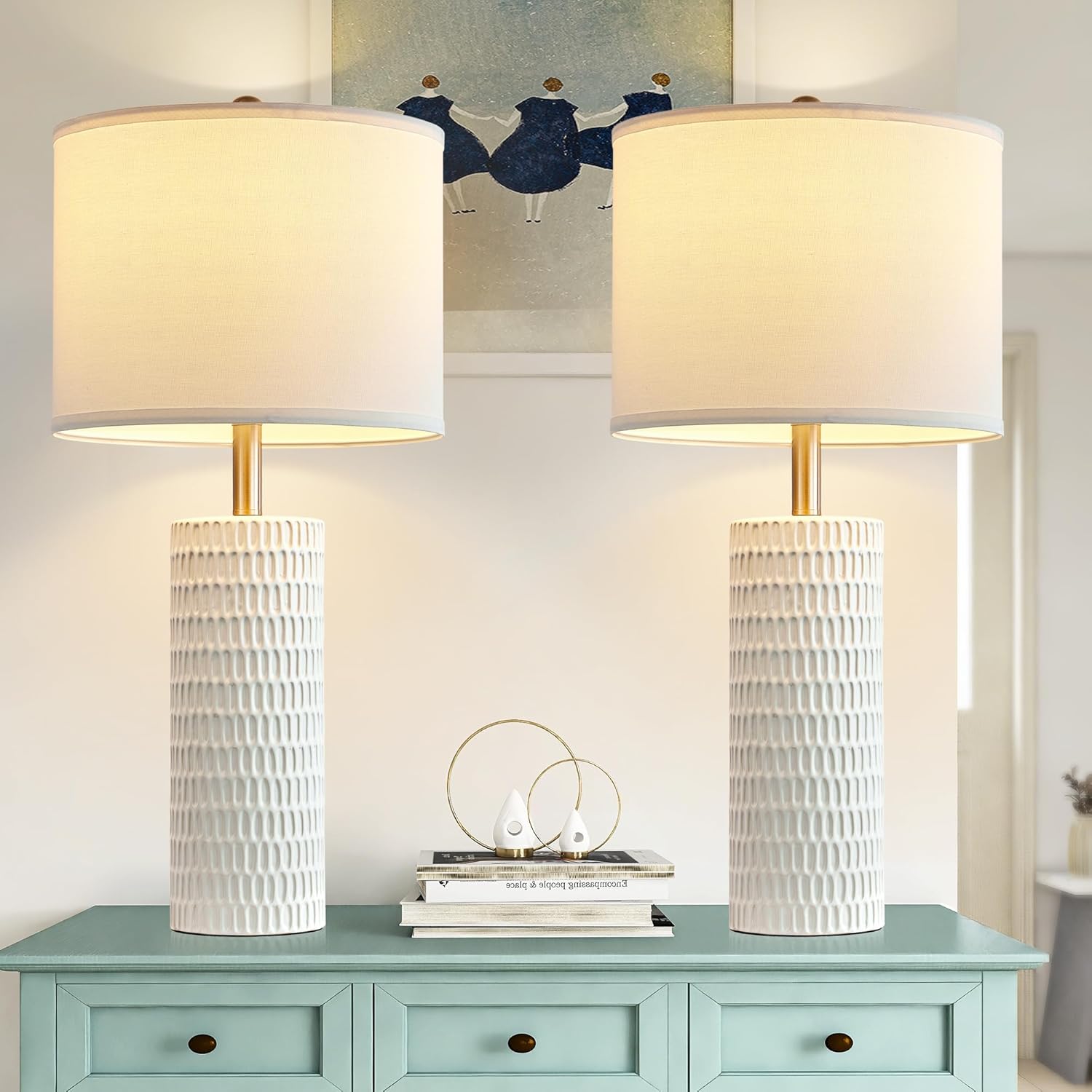 BZZMMB White Table Lamps Set of 2, Ceramic Table Lamps with White Shade ...
