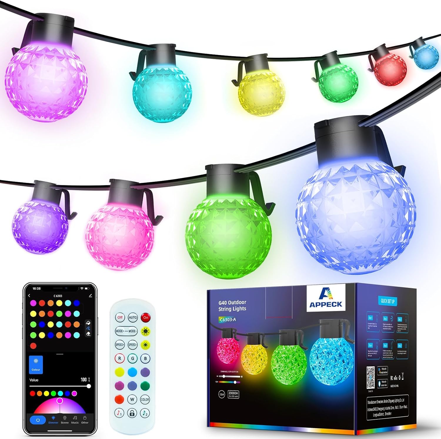 PAIFAM Outdoor String Lights 50FT, 25 Dimmable Color Changing LED Patio ...