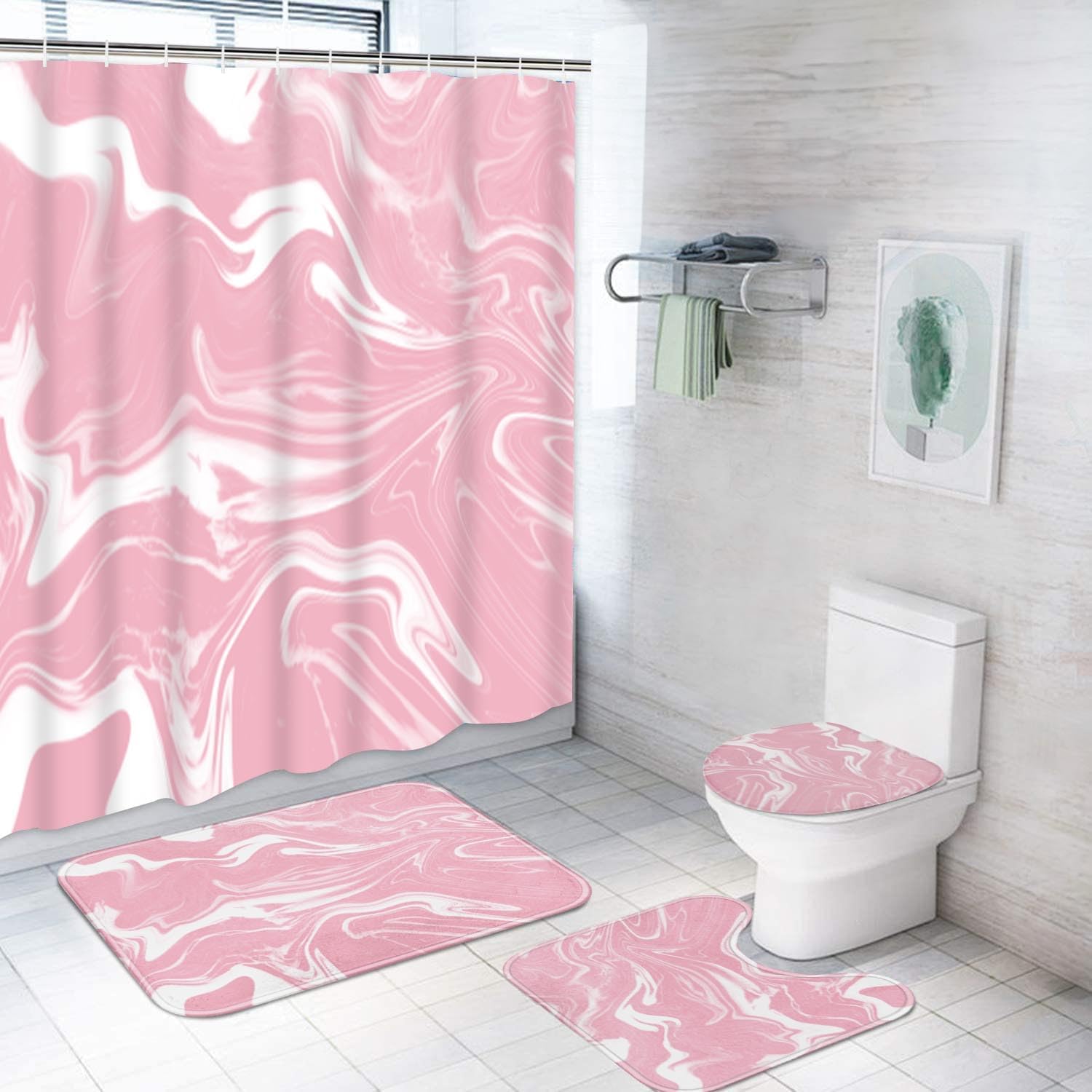 Amazon.com: ArtSocket 4PC Pink Shower Curtain Set with Rugs, Black ...