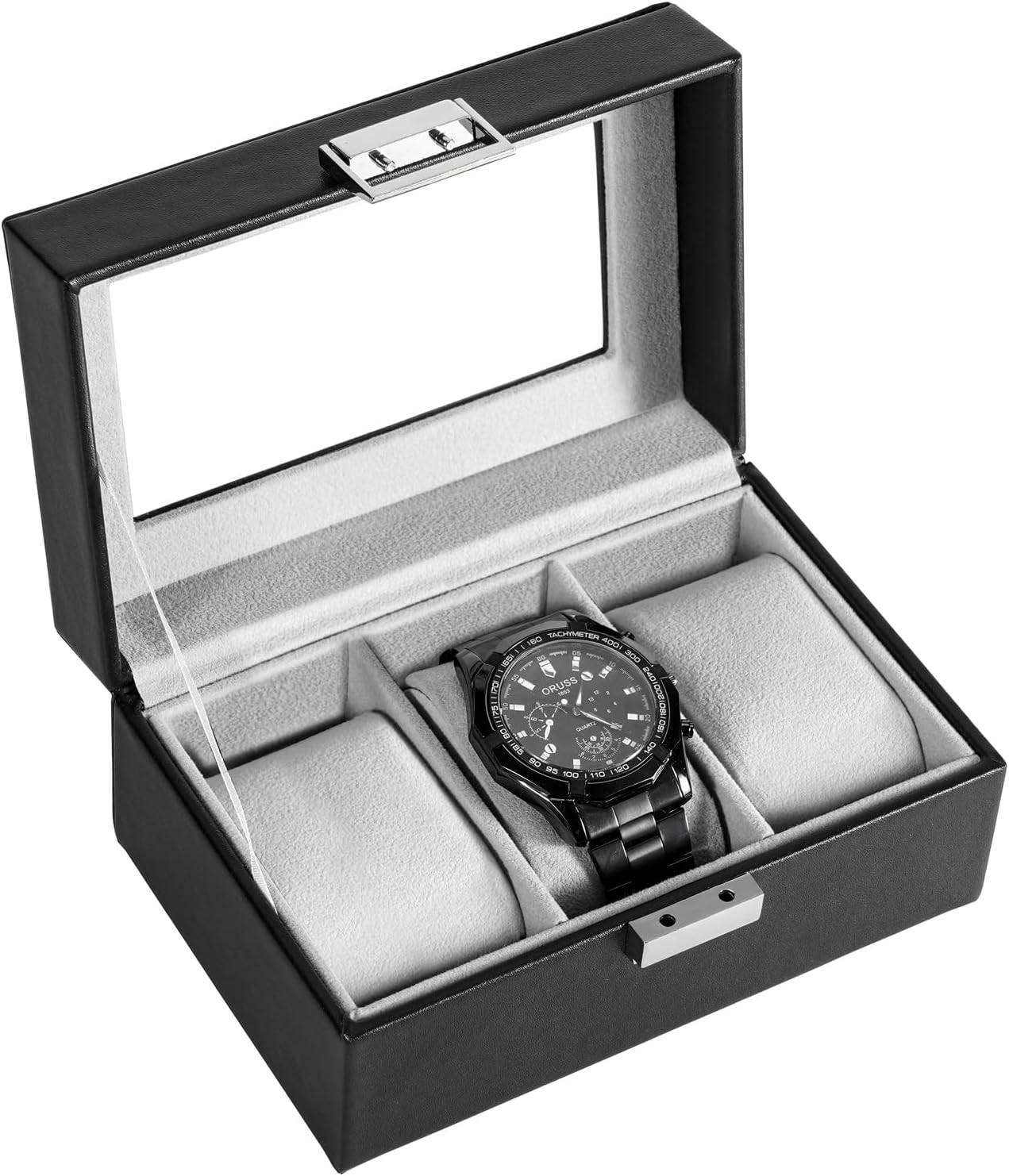 Amazon.com: Valyria Watch Box Small 2 Mens Black Leather Display Glass ...