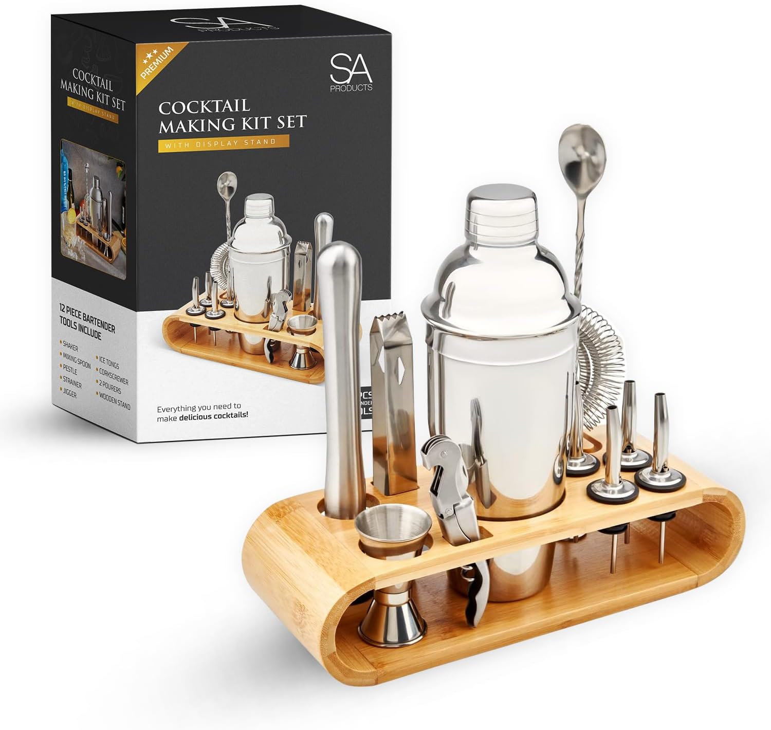 BarCraft Cocktail Tool Kit and Stand, 5 Piece Gift Set, in Gift Box ...