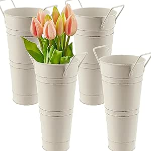 Amazon.com: ZEONHEI 4 Pack 9 Inch Tall Galvanized Flower Bucket, Beige ...