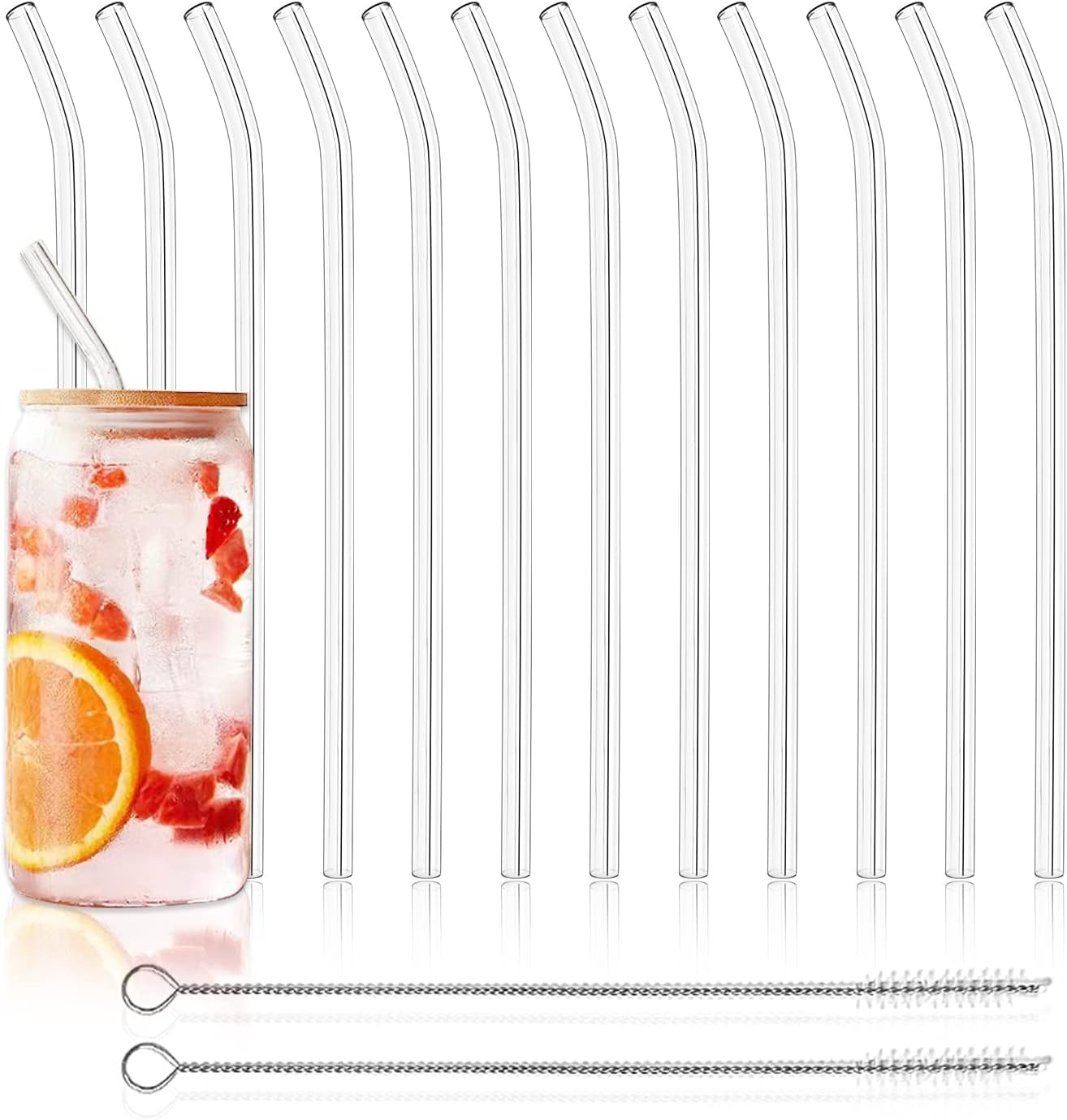 12 Pack Reusable Glass Straws - 8" x 8 MM, Bent Glass Drinking Straws ...