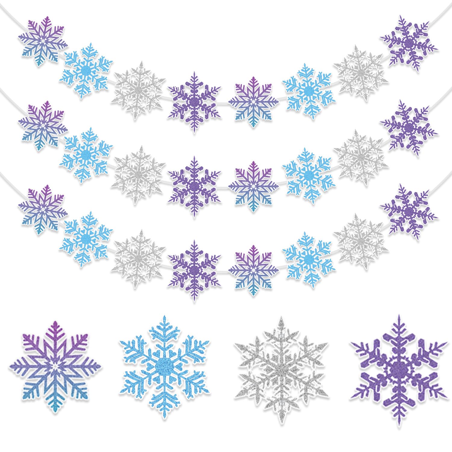 Amazon.com: 3 Pcs Snowflake Banner Garland, No DIY Blue Purple Winter ...