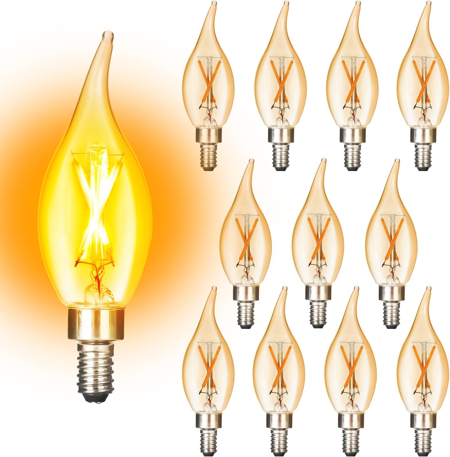 CHKADAWA 12 Pack E12 Dimmable Amber Candelabra Light Bulbs, Flame Tip 40 Watts Equivalent ...