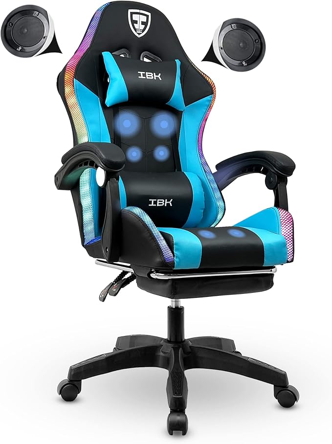 IBK Sedia da Gaming professionale, similpelle, massaggiante, supporto lombare, Led RGB, casse ...