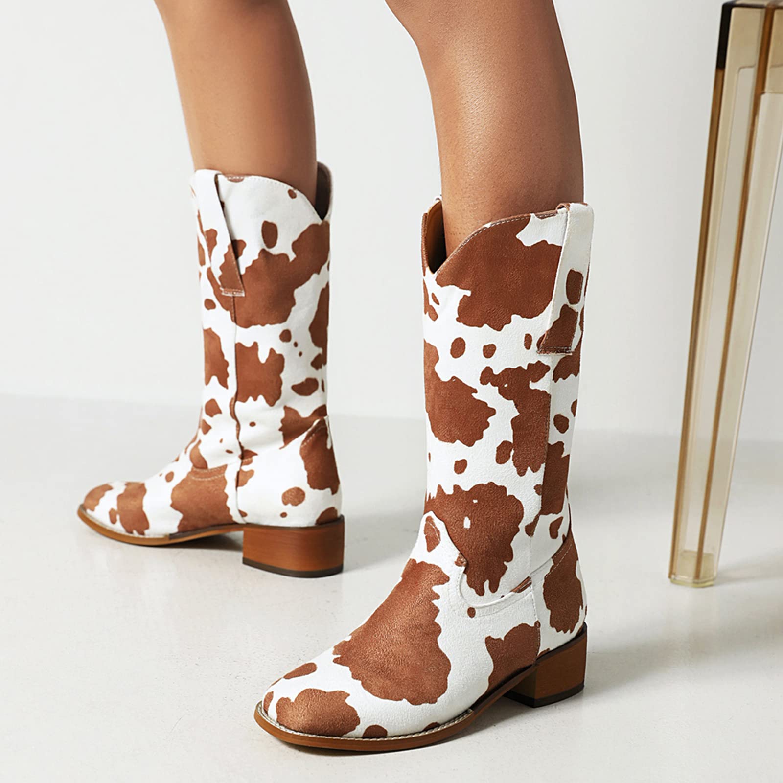 Snapklik.com : Women Cow Print Cowgirl Boots Low Heel Half Square Toe ...