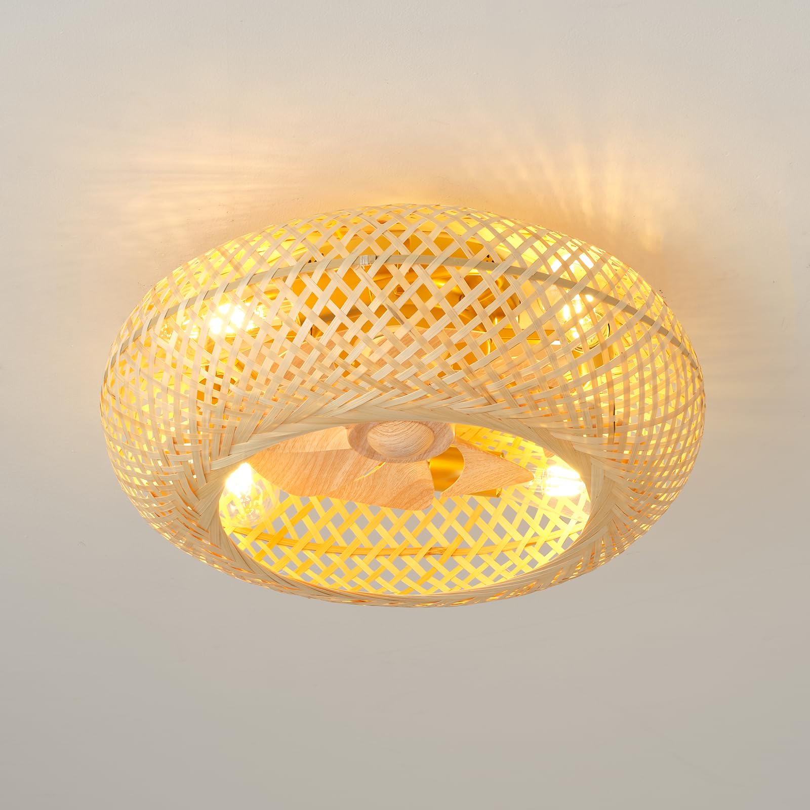 OLUZO 20 Inch Boho Woven Ceiling Light with Fan, Flush Mount Caged ...