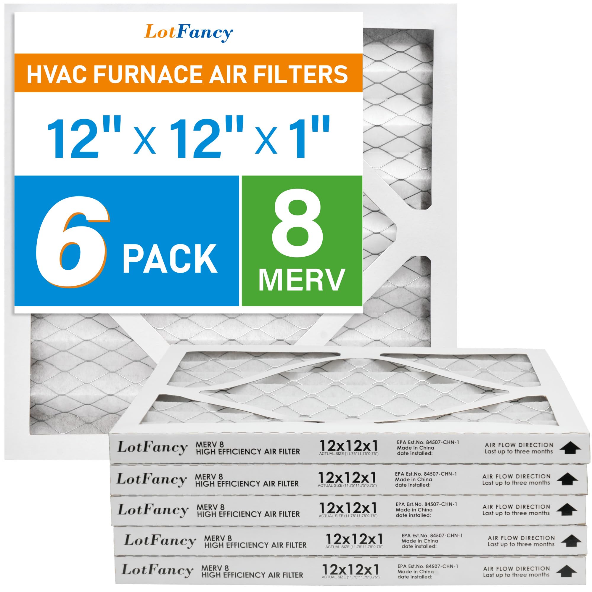 LotFancy 12x12x1 Air Filters, MERV 8 AC Furnace Filters, 6 Pack Pleated ...
