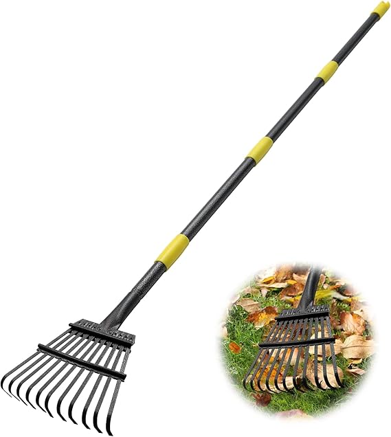 Garden Leaves Rake - 60 Inch Heavy Duty Small Shrub Rake - 11 Metal ...