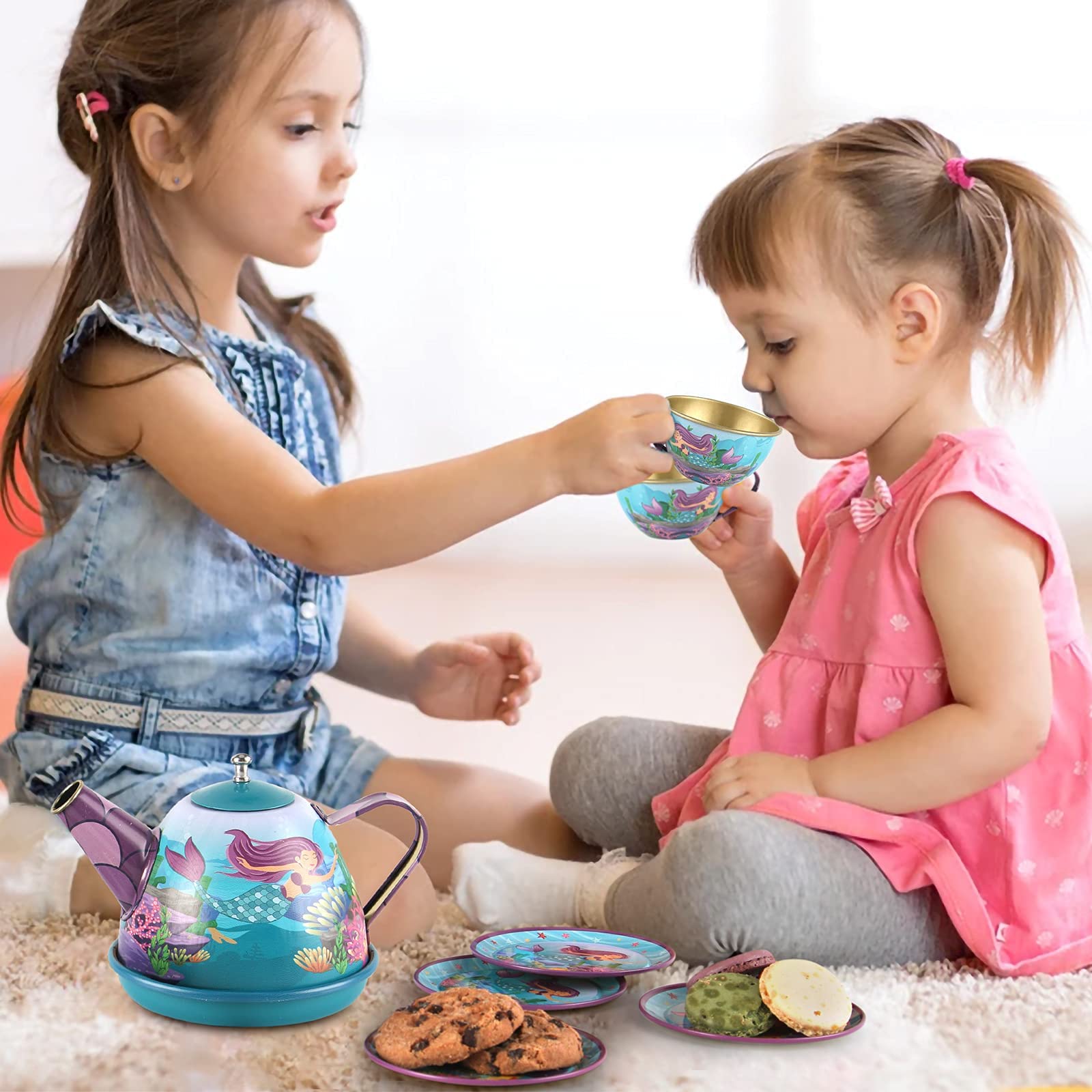 Snapklik.com : Mermaid Teapot Set For Kids Tea Party Kitchen Pretend Play