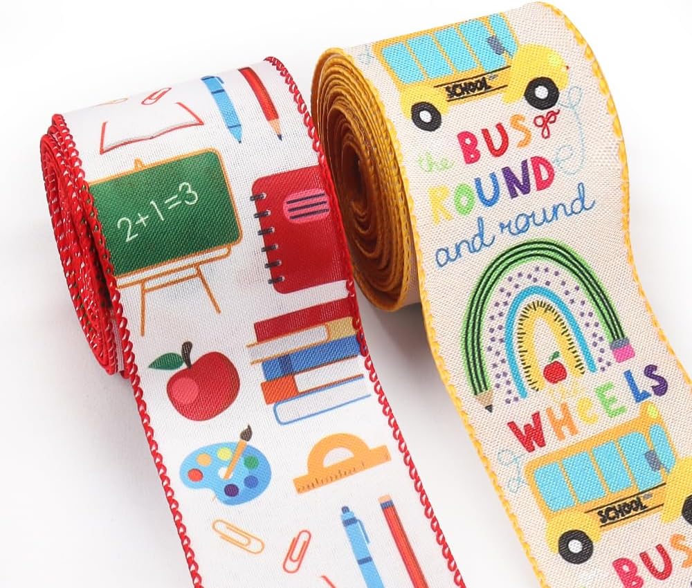 Amazon.com: Hying 2 Rolls Back to School Ribbons for Wreath Bows, 2.5"× ...