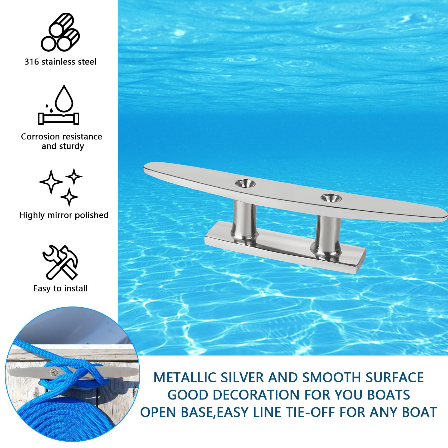 Snapklik.com : VEITHI 6 Inch Boat Cleat Flat Top 2 Pack, 316 Stainless ...