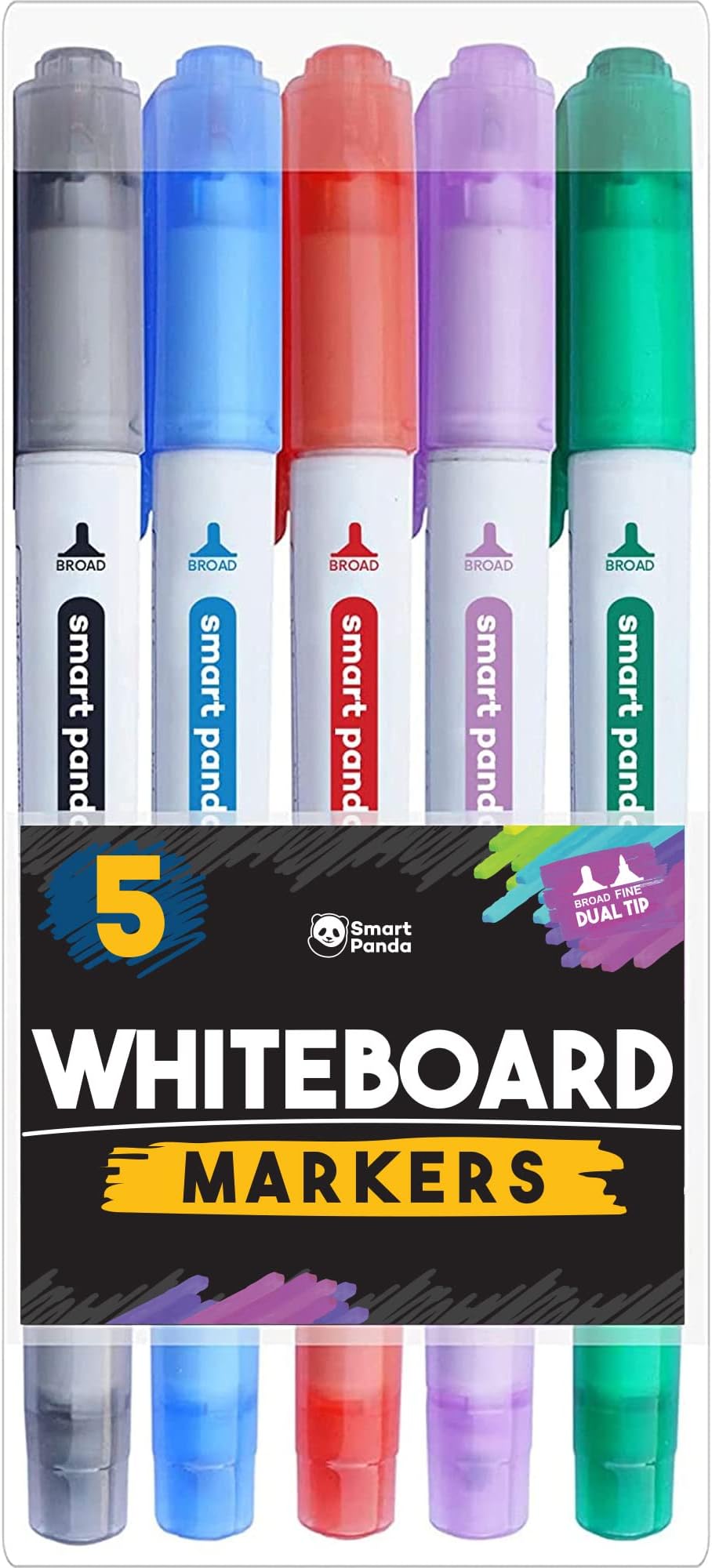 Smart Panda 5 Whiteboard Markers Dual Tip Wipeable Pens, Medium and ...