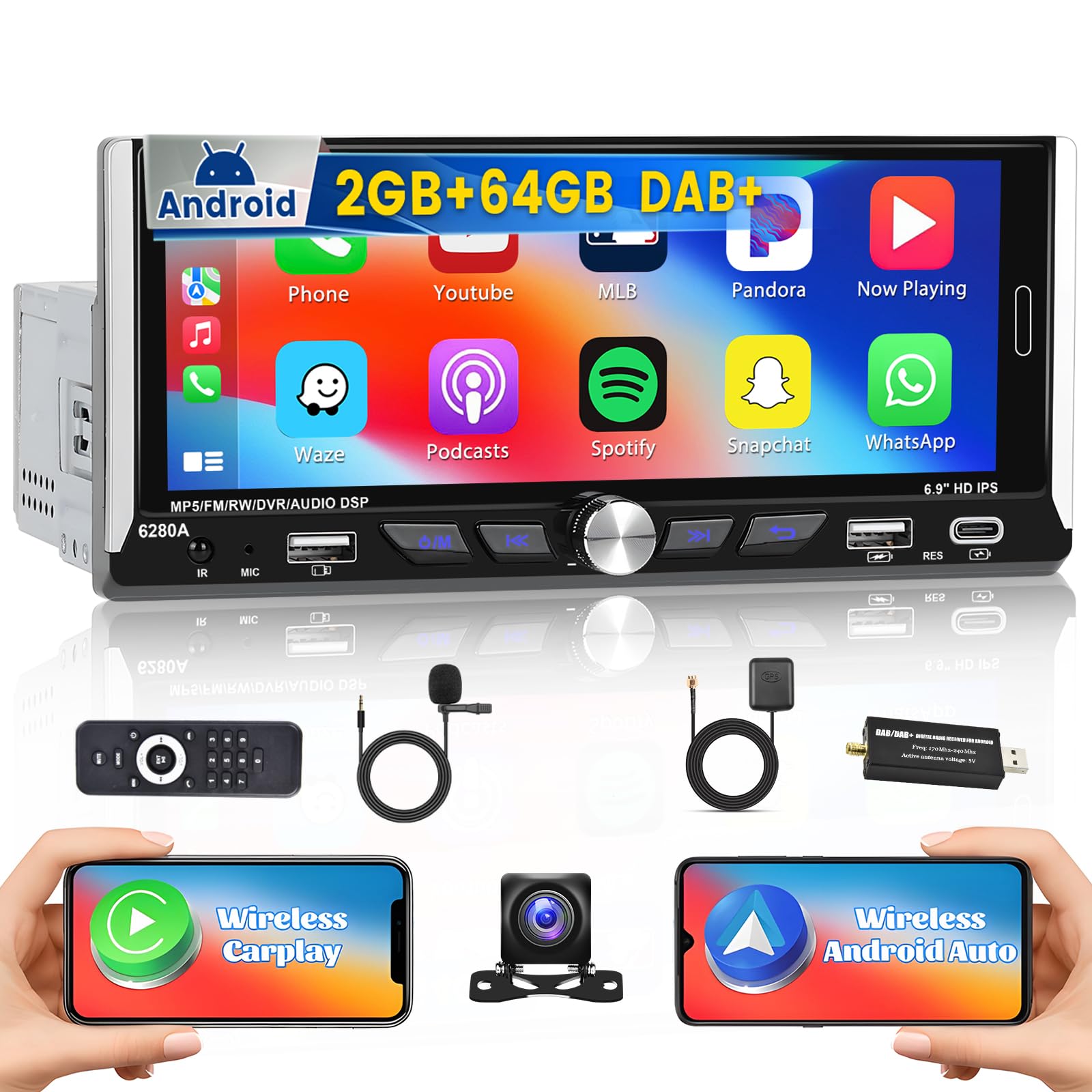 Hikity 2G 64G Dab/Dab+ Autoradio Navi 1Din avec Carplay sans Fil ...