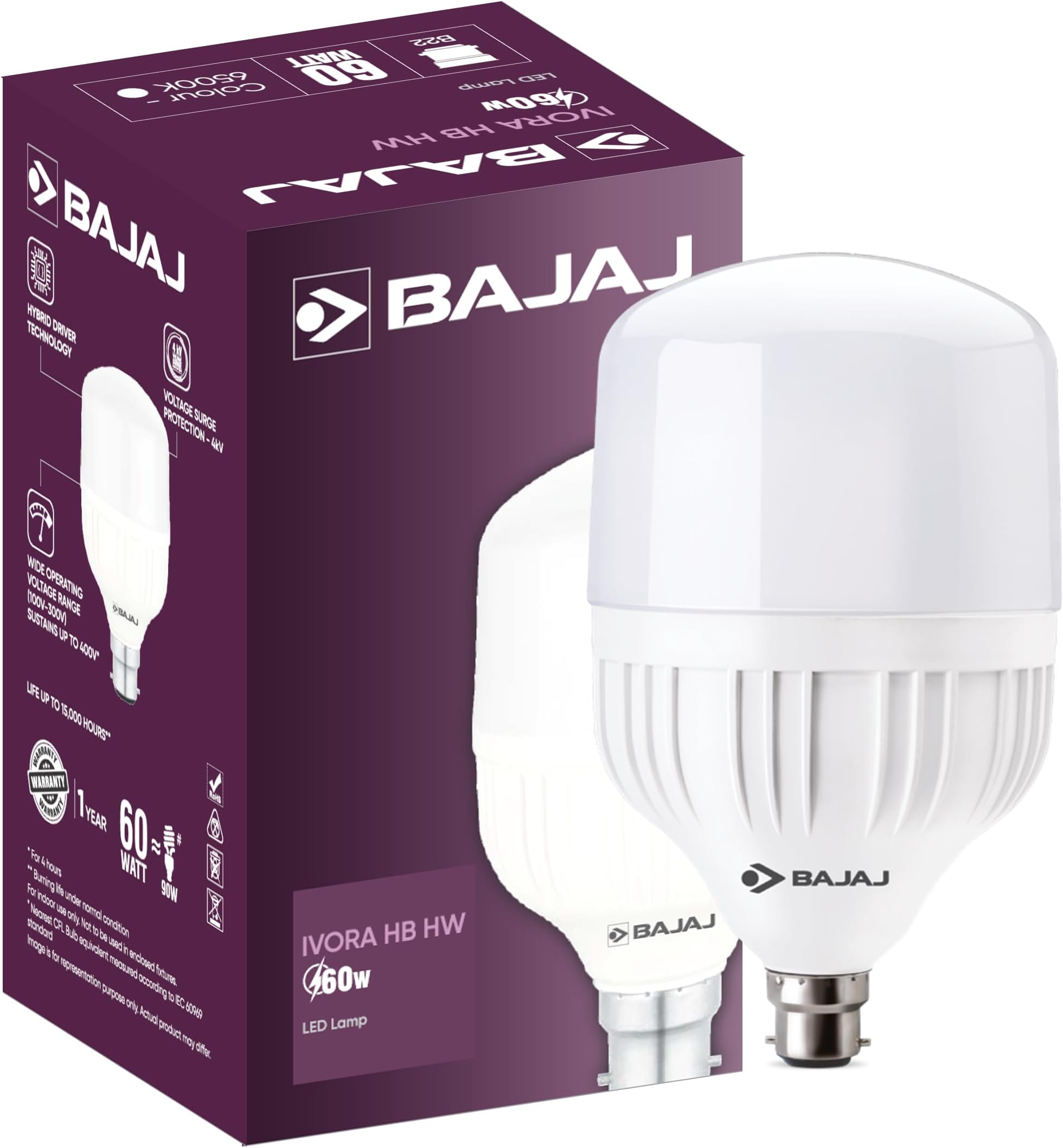 Bajaj Ivora HB HW LED Lamp 60W CDL B22 | Energy Efficient | Instant On | 4 Kv Surge Protection ...