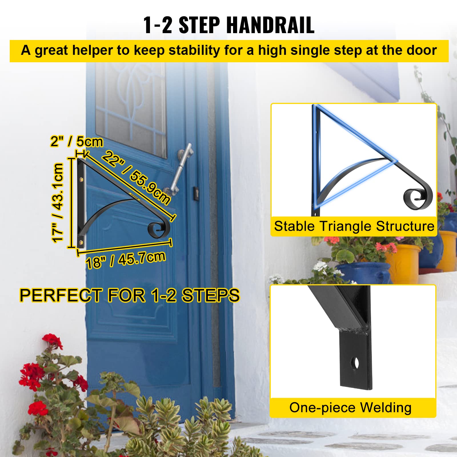 VEVOR Single Step Handrails, Wall Mounted Metal Wrought Iron Short Hand ...