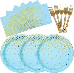 Amazon.com: DUOCUTE 150 PCS Blue and Gold Paper Plates Napkins Forks ...