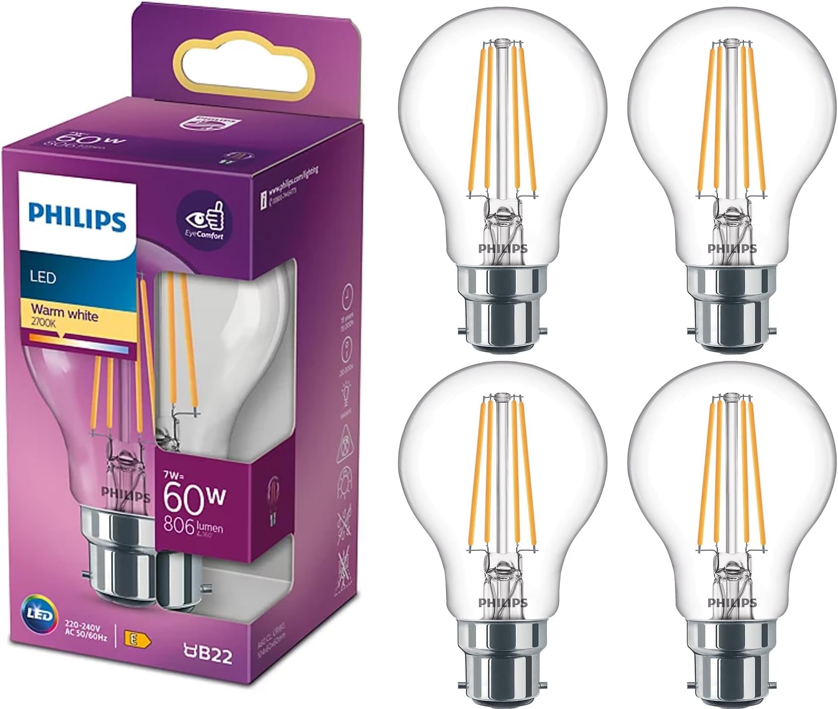 Philips B22 Bayonet LED Light Bulb, 6 W - Warm White Frosted : Amazon ...