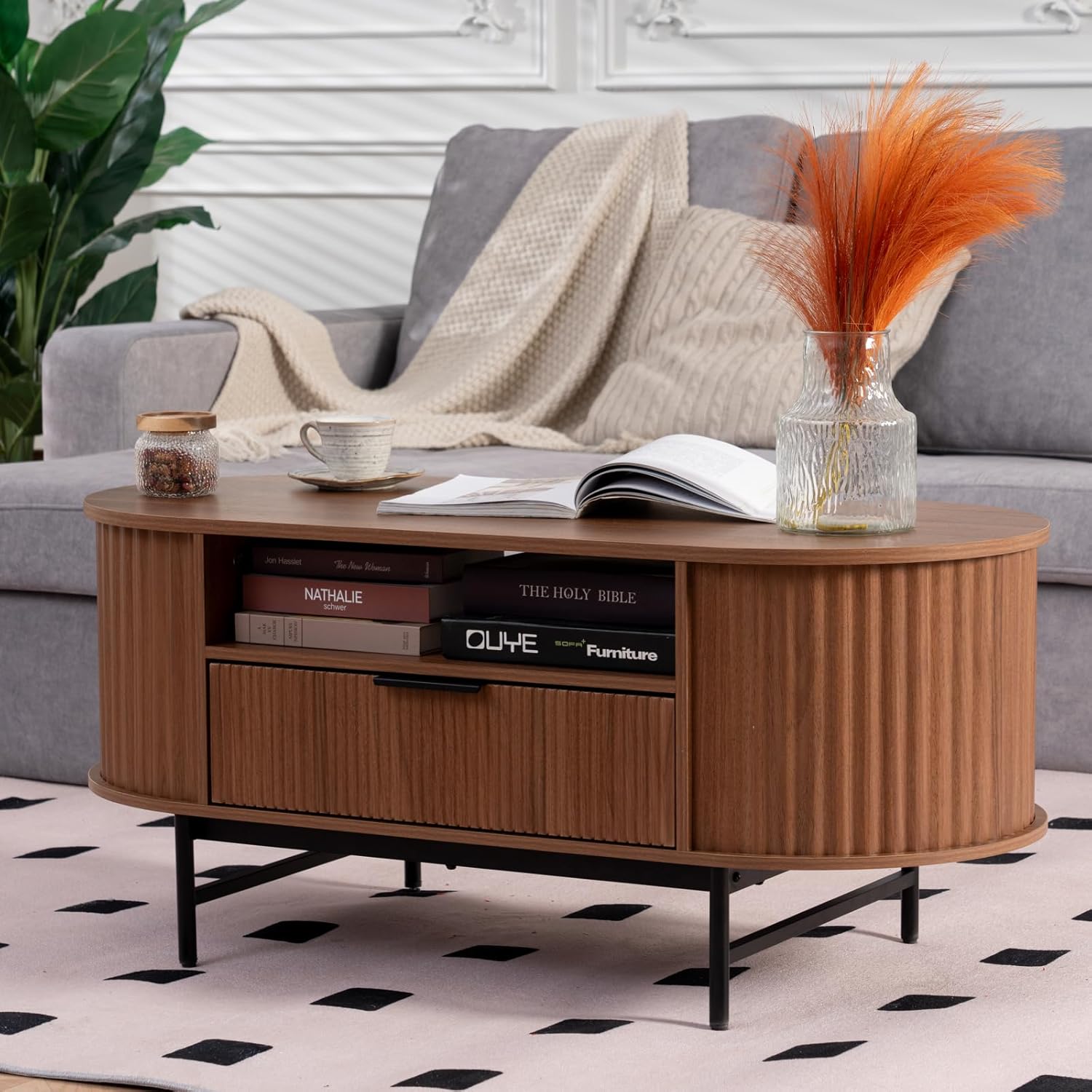 Amazon.com: VVSHRIV Modern Fluted Coffee Table, 42'' Oval Coffee Table ...