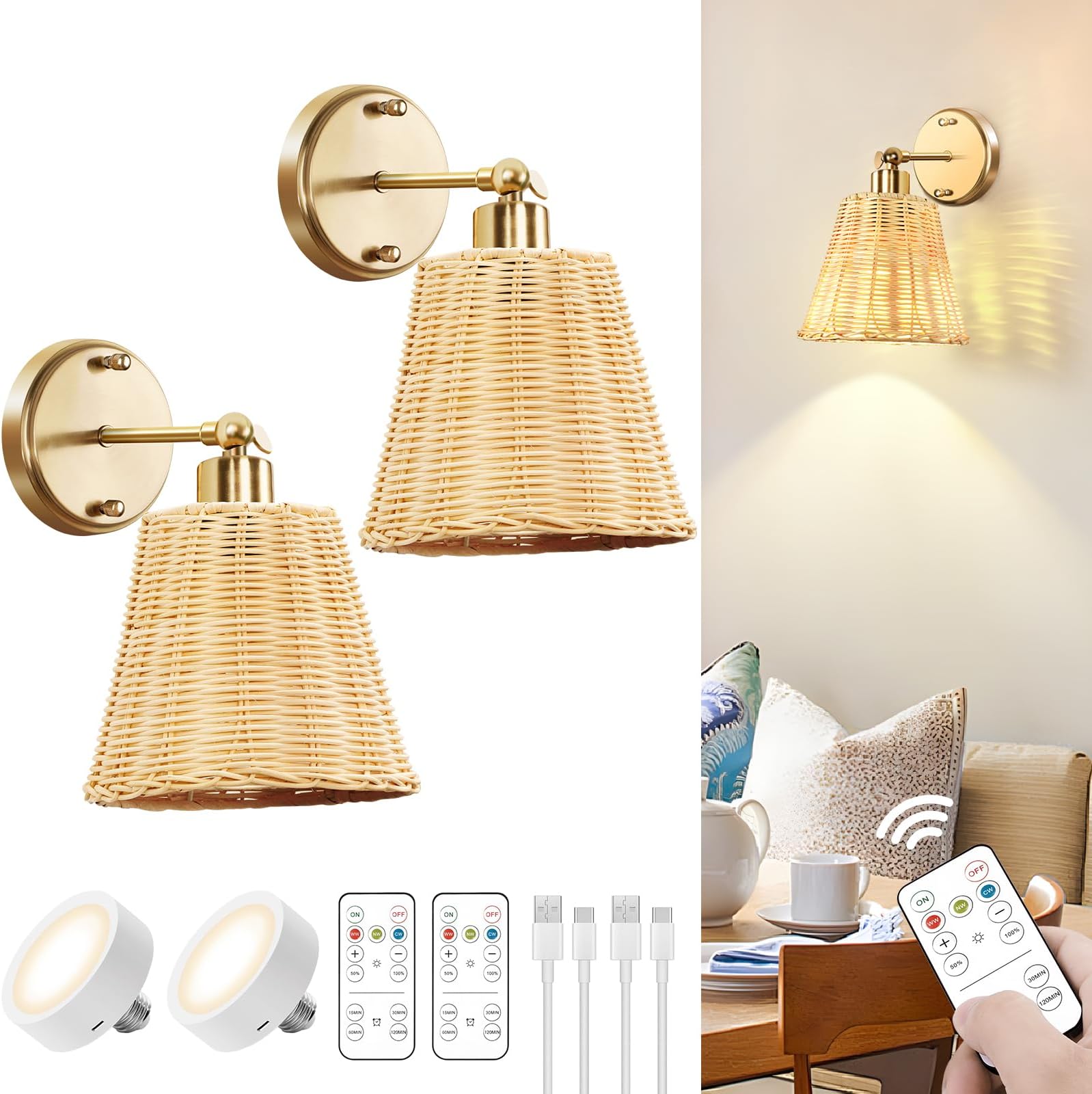 Frideko Rattan Rechargeable Battery Operated Wall Sconces Set of Two ...