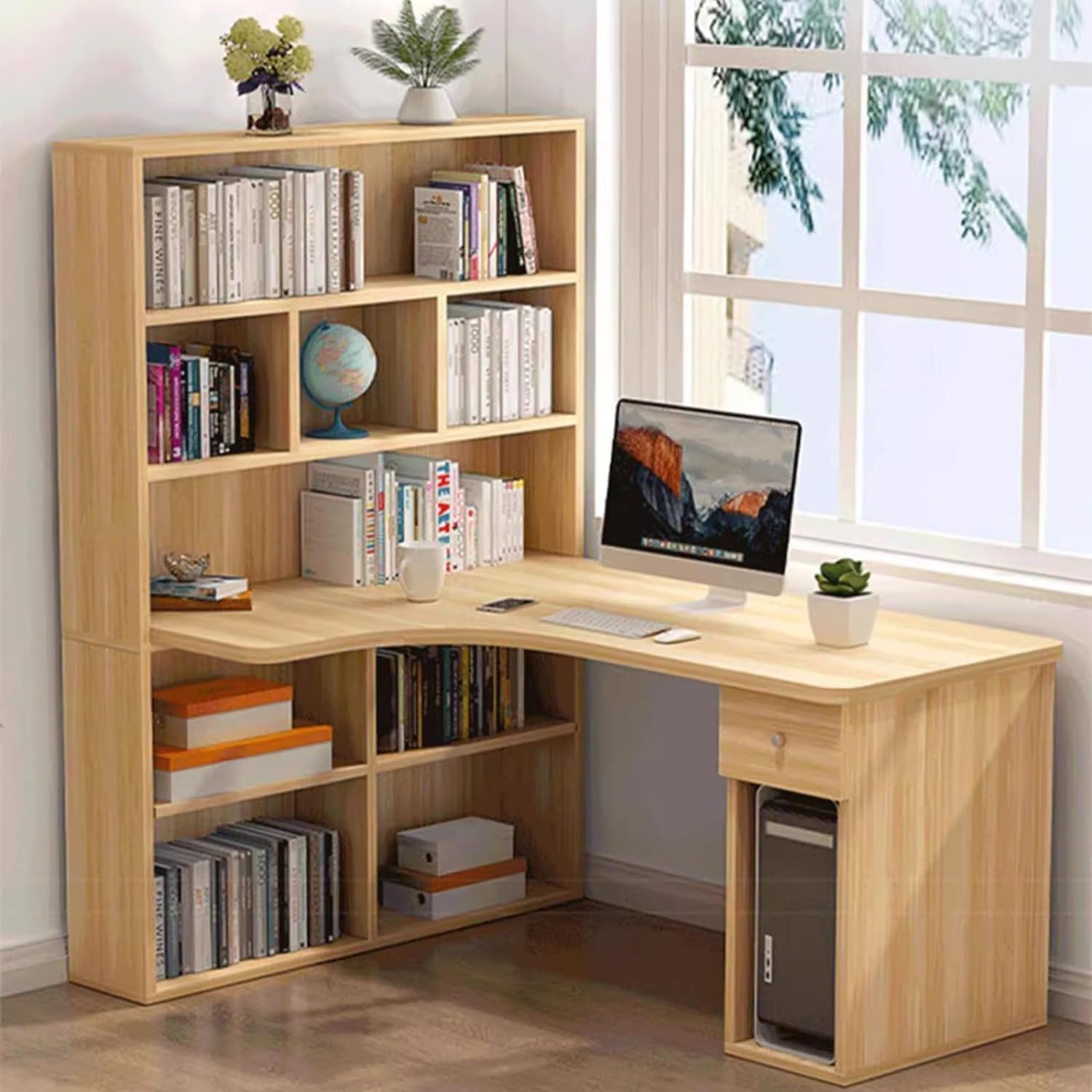 Wood L-Shaped Desk with Hutch & Drawers - Modern 47 Corner Computer ...