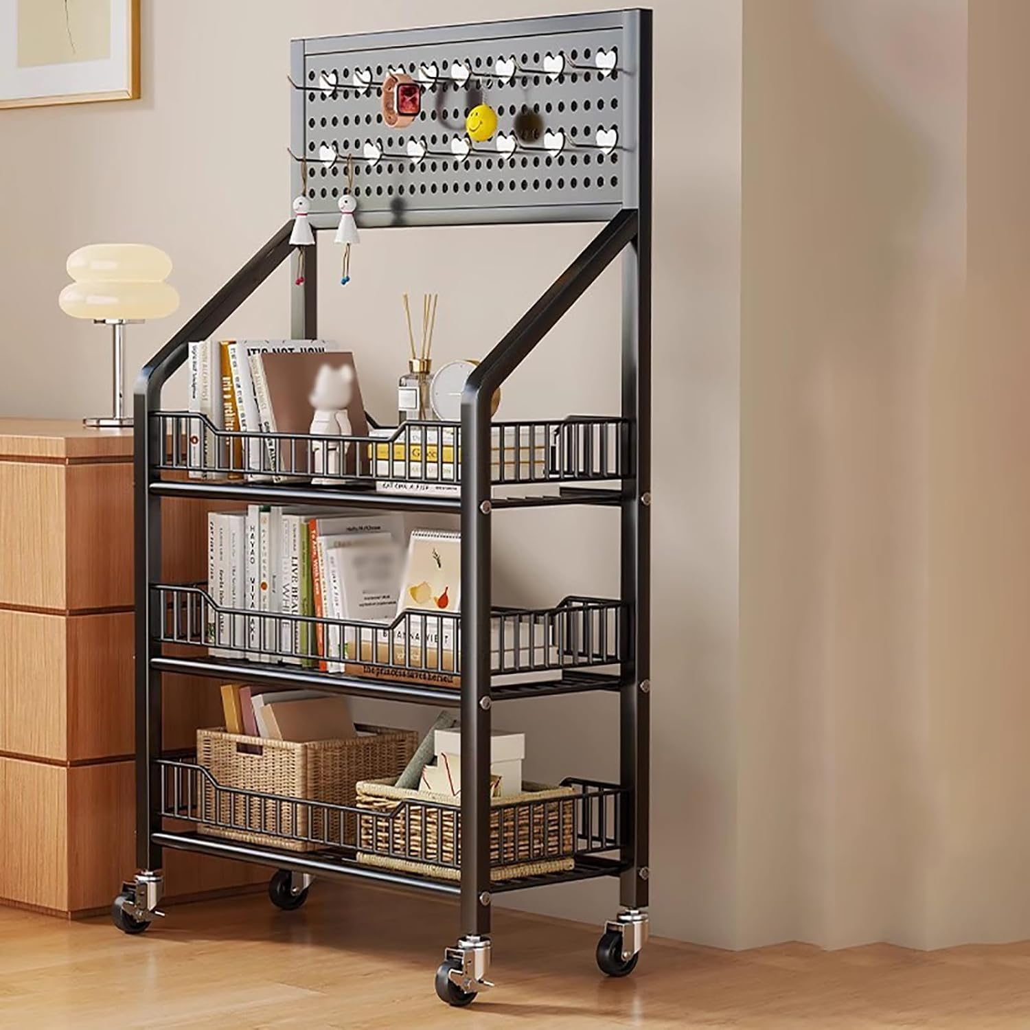 Amazon.com: 3-Tier Rolling Storage Cart with Pegboard, Mobile Utility Organizer Shelf with ...