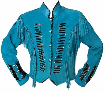 Men's American Western Cowboy Style Blue Suede Leather Jacket Fringed ...