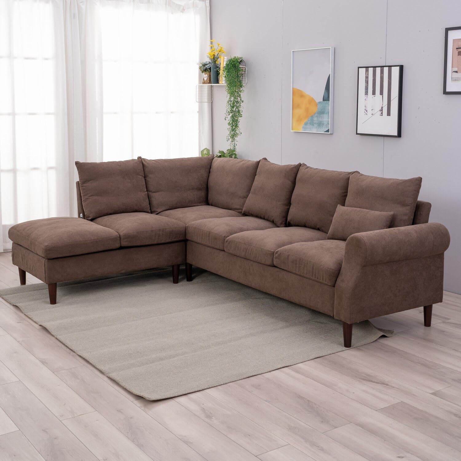 Panana 6 Seater Corner Sofas, With Built-in USB Port Chaise, Cushion Back Sectional Sofas Settee ...