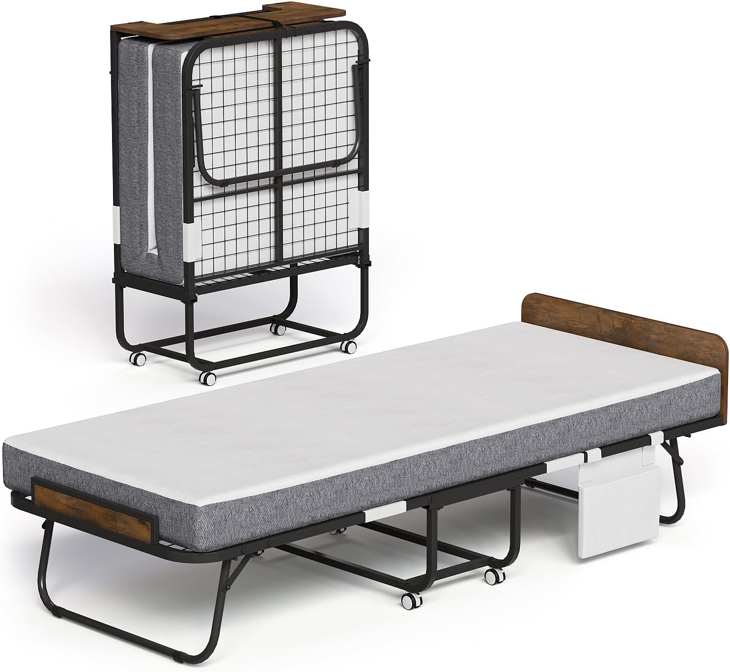Amazon.com: VENNQD Folding Bed with 5" Mattress Wooden Headboard Side ...
