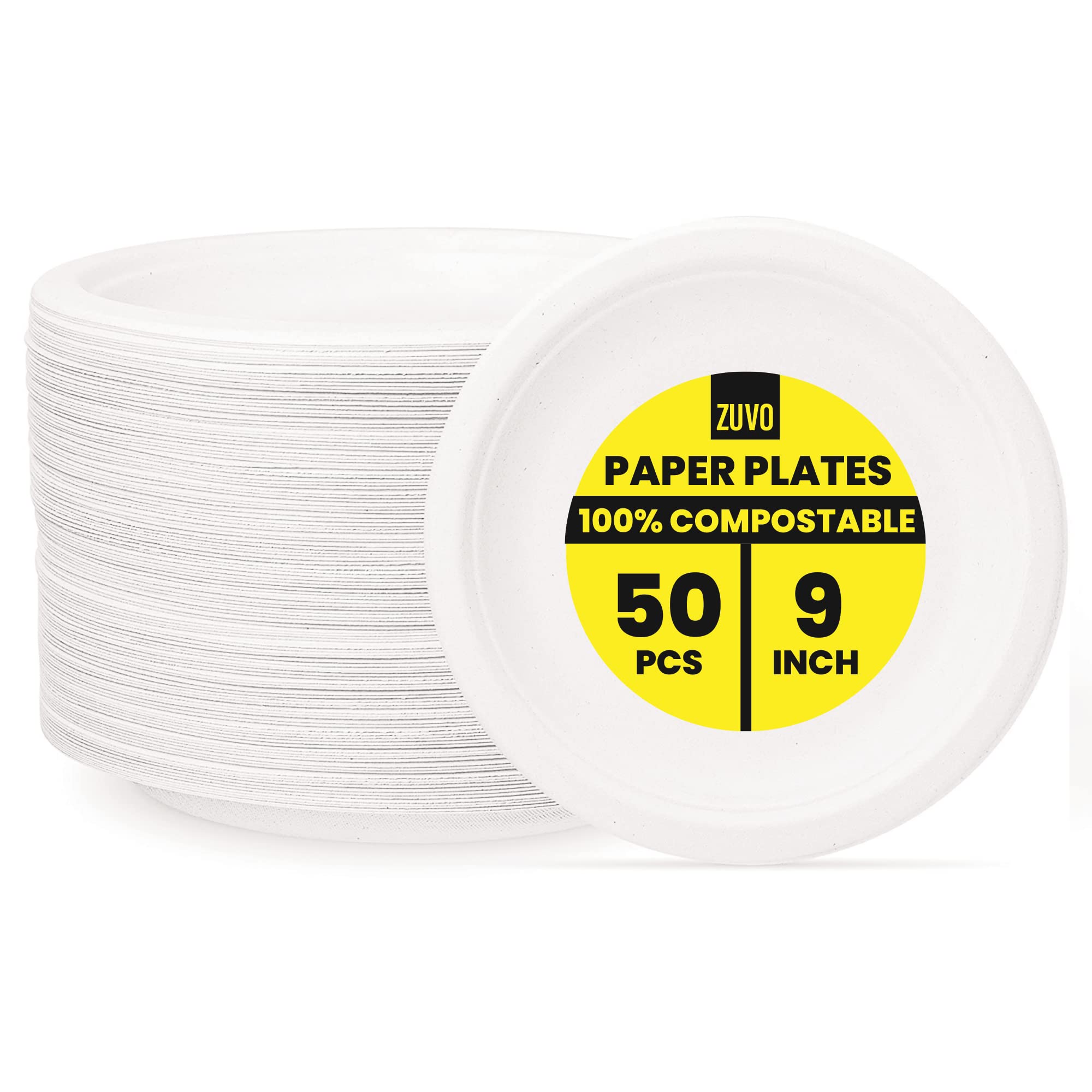 Zuvo Disposable Plates 50 Pack - 100% Compostable White Paper Plates 9 ...