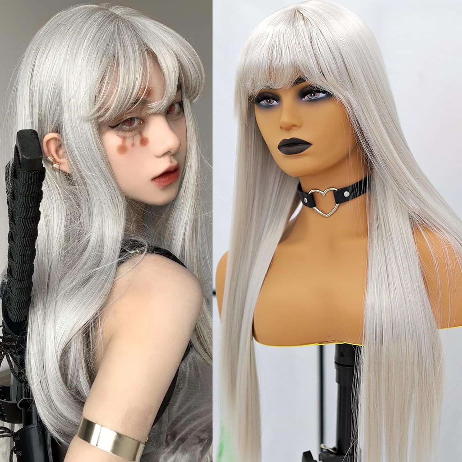 Amazon.com : Fugady Silver Long Straight Wig With Bangs - Synthetic ...