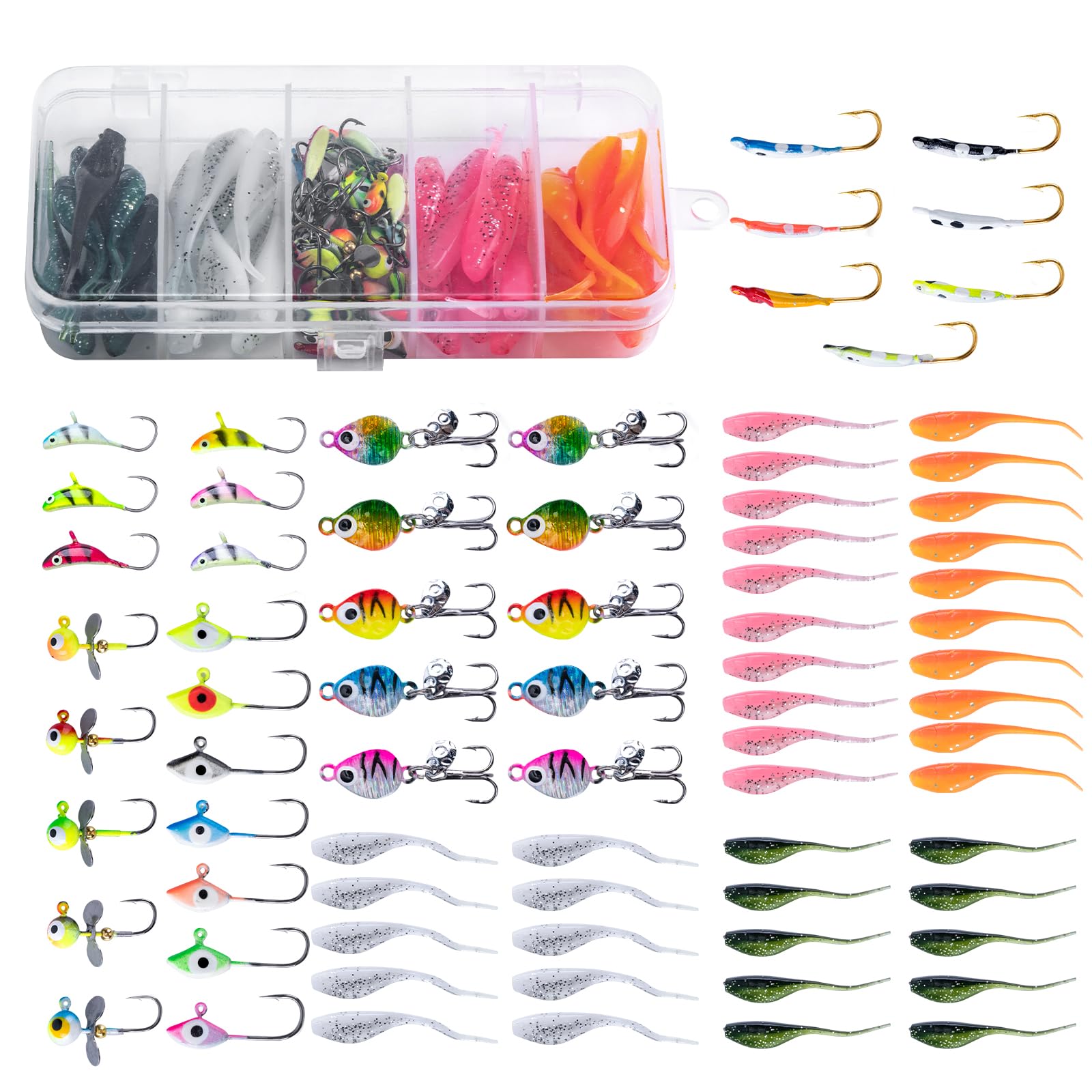 Goture 70pcs Glow Ice Fishing Jigs Set, Ice Fishing Lures Kit Luminous ...