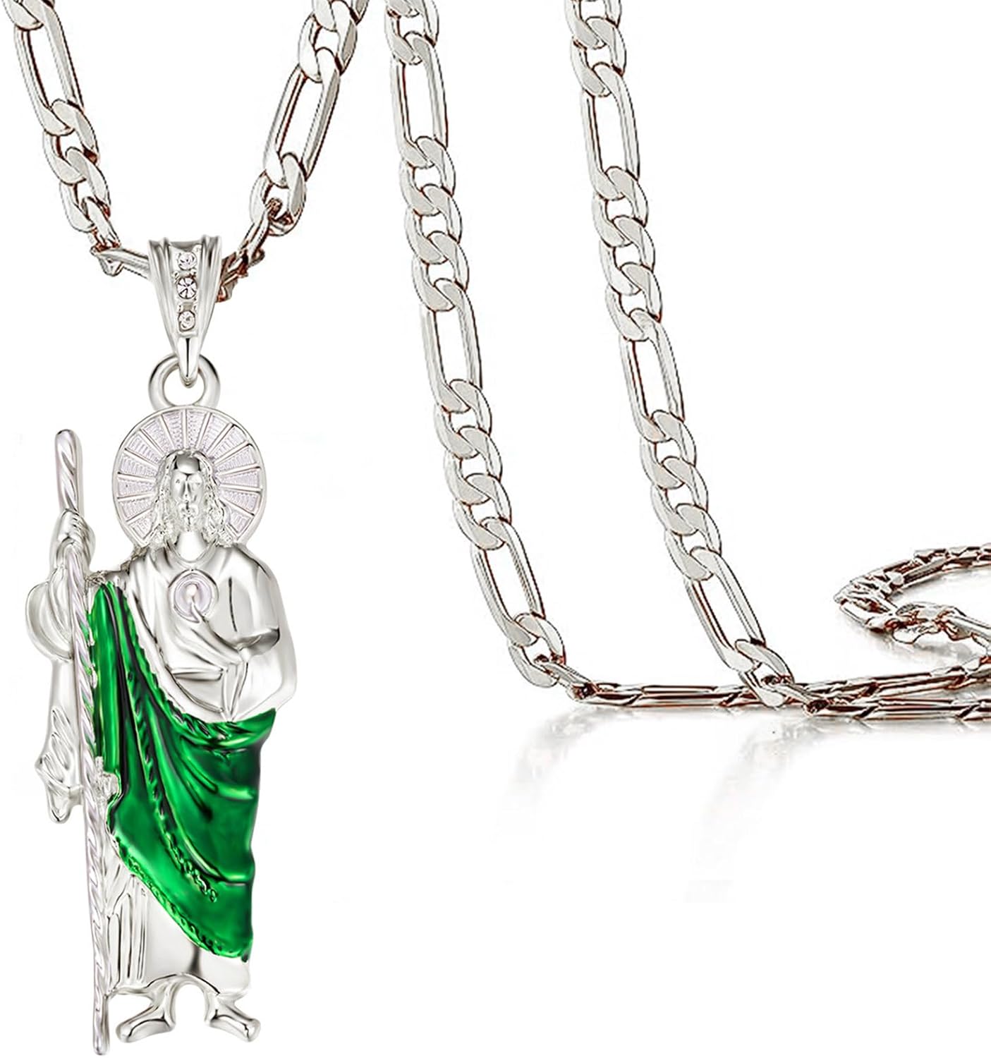 GXLYFG San Judas Tadeo Necklace, 14k Gold Plated, Diamond, Figaro Chain ...