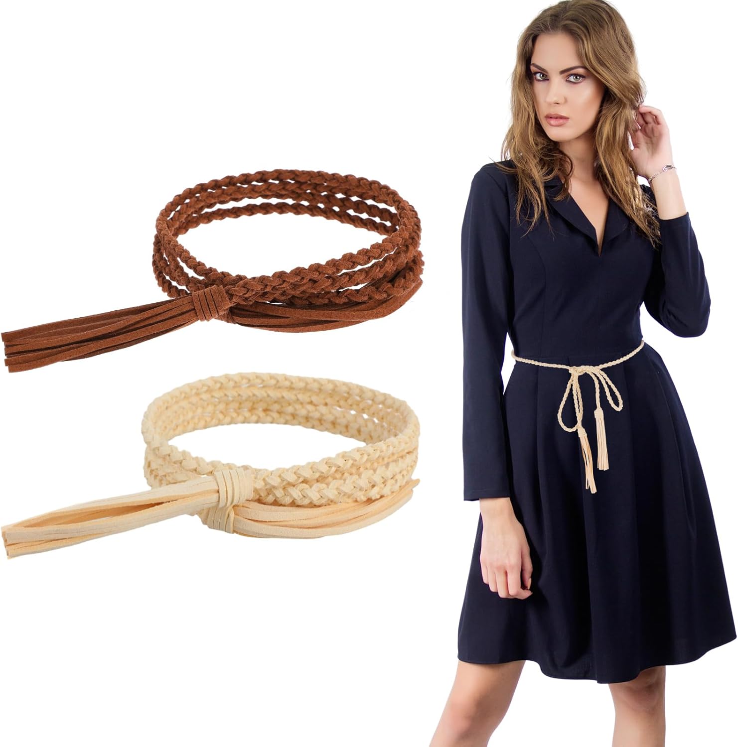 TIESOME 2 PCS Skinny Tassel Belts for Women, PU Braided Rope Belt ...