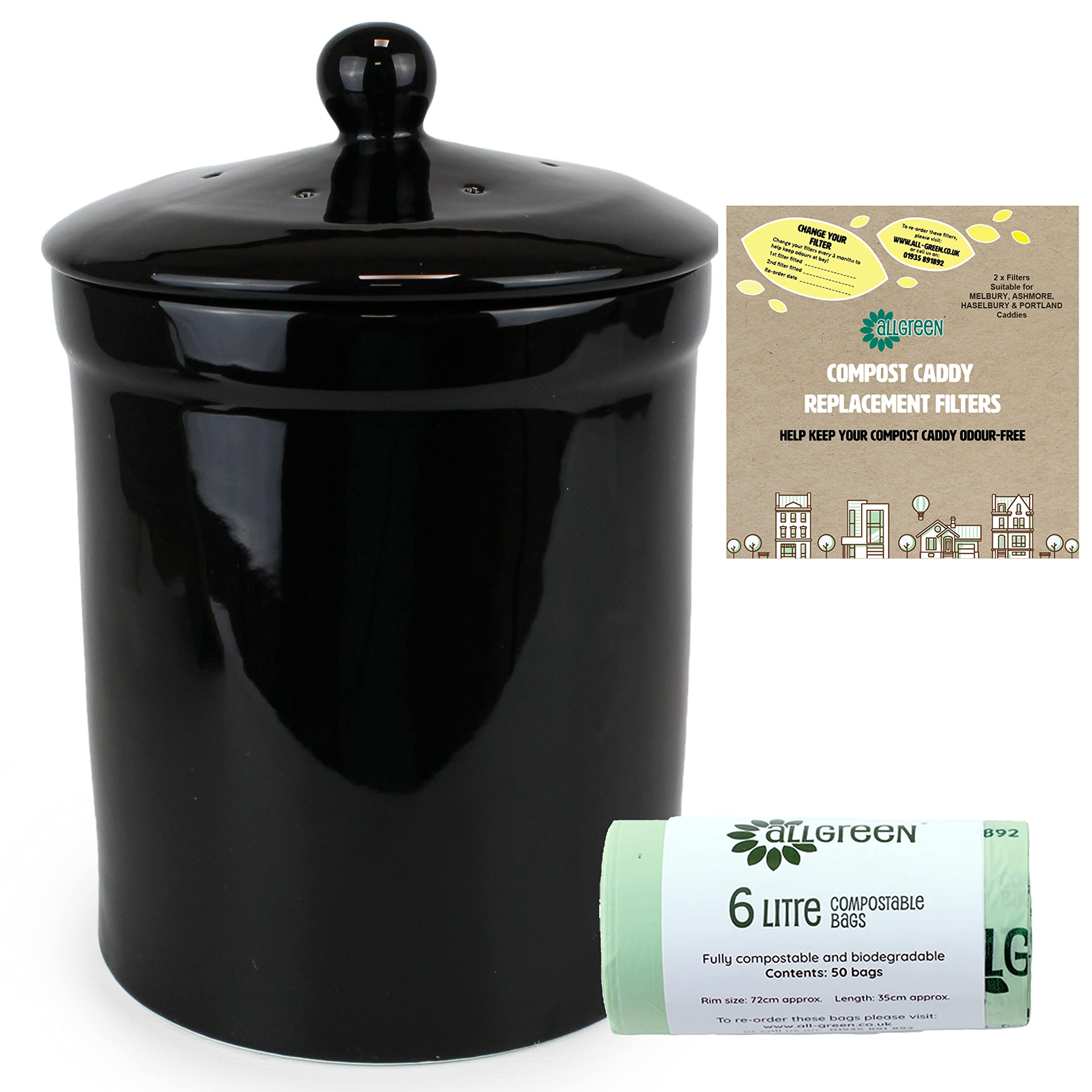 Black Ceramic Compost Caddy, 2 Filters & 50 x 6L Compostable Bags ...