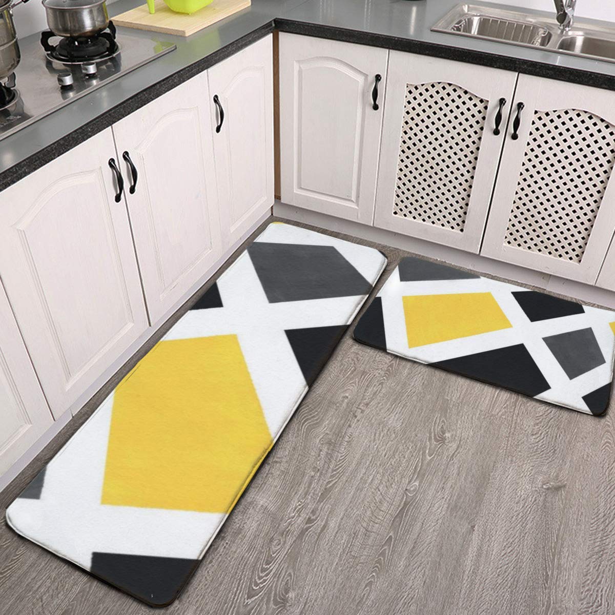 Dapuge 2 Pcs Kitchen Rug Set, Geometric Yellow Gray Black White Non ...